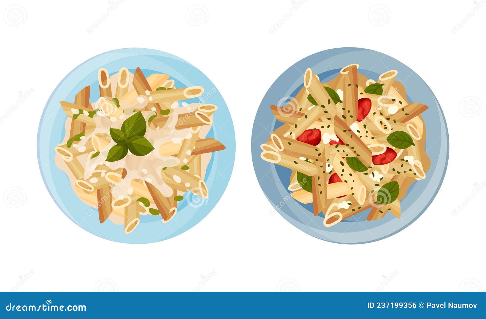 Top View of Cooked Pasta Dishes Served on Plates Vector Illustration ...