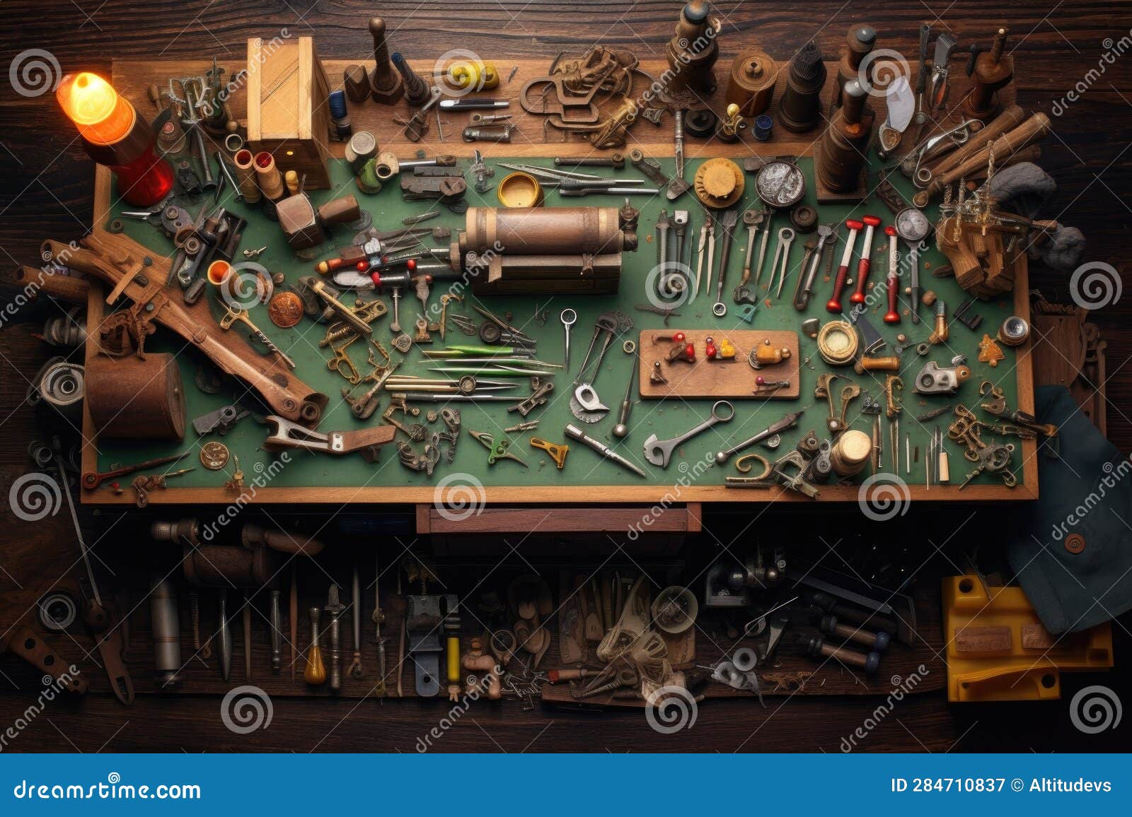 Top View of a Craftsmans Workbench with Knife Components and Tools ...