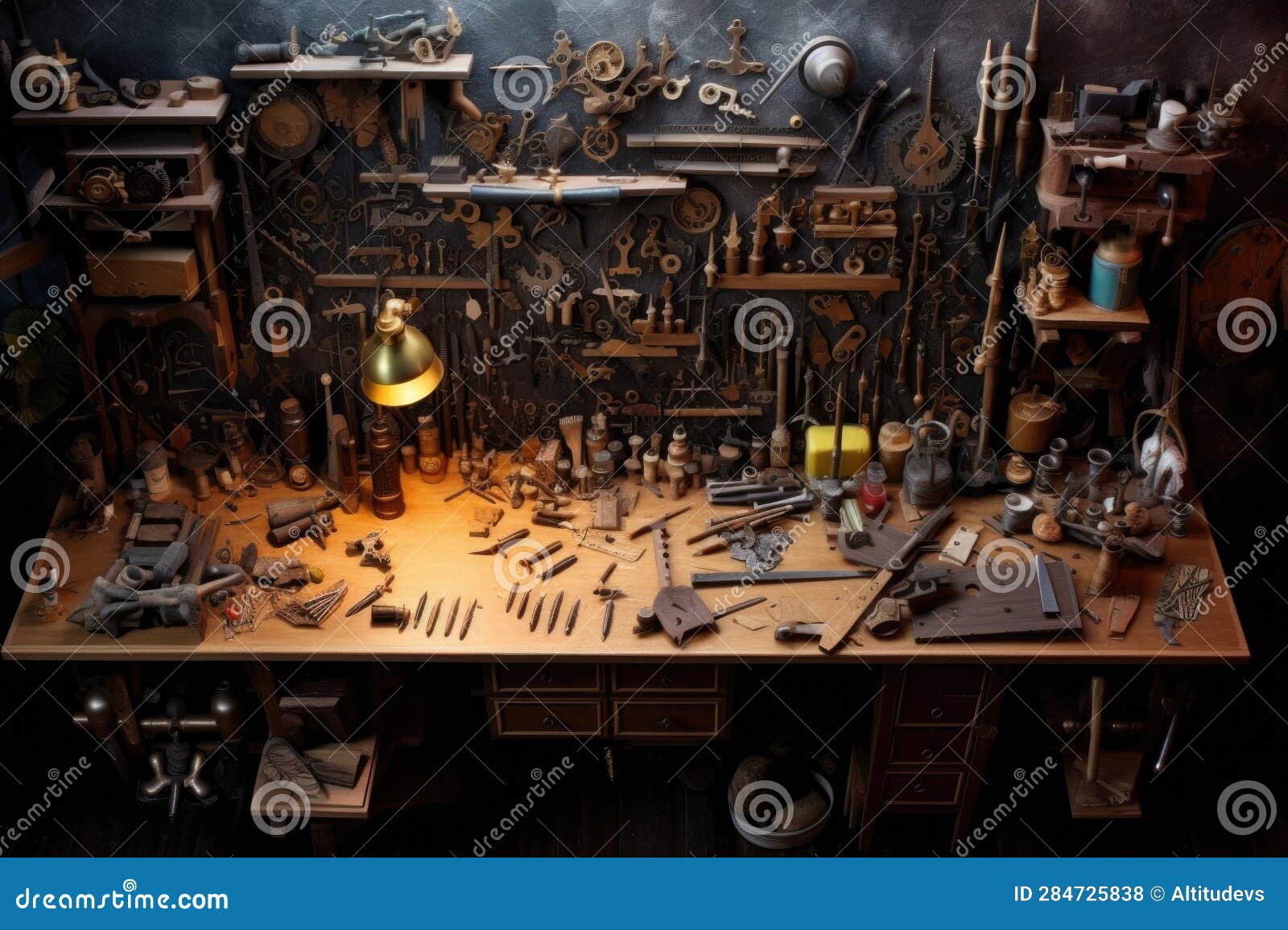 Top View of a Craftsmans Workbench with Knife Components and Tools ...