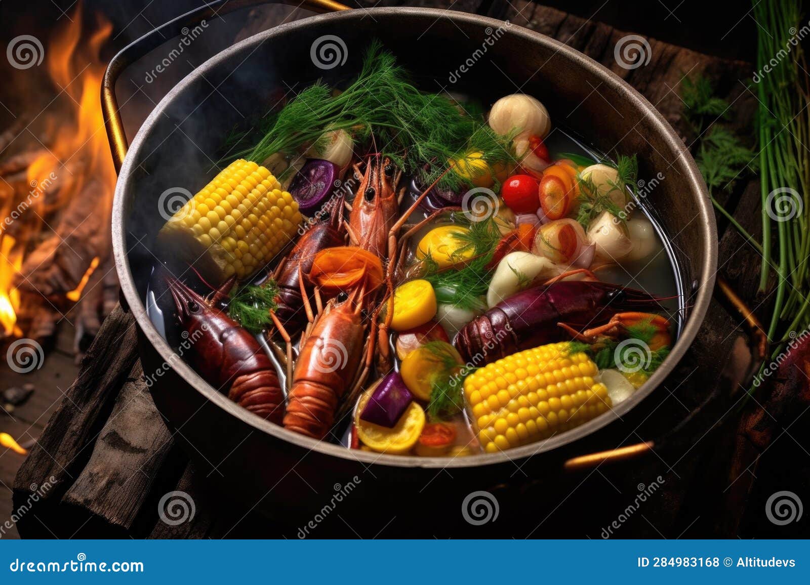 Top View of Crawfish and Corn Cooking in a Pot Over Fire Stock ...