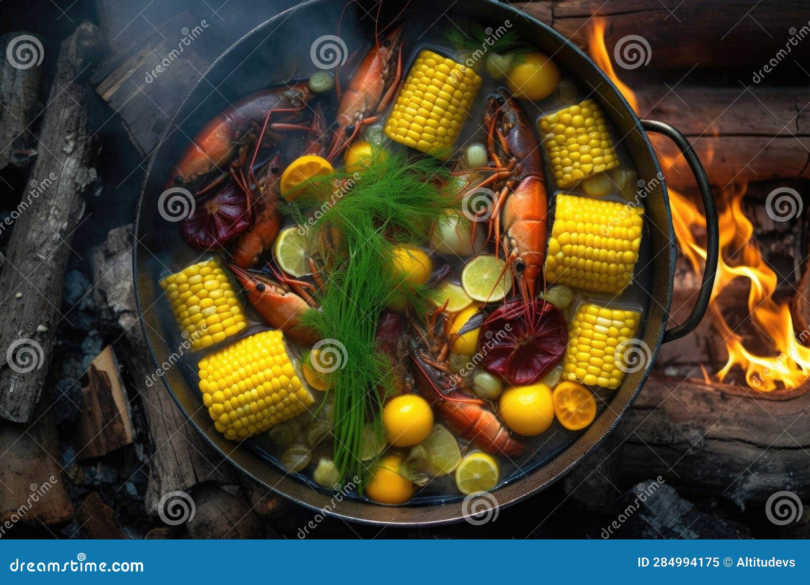 Top View of Crawfish and Corn Cooking in a Pot Over Fire Stock ...