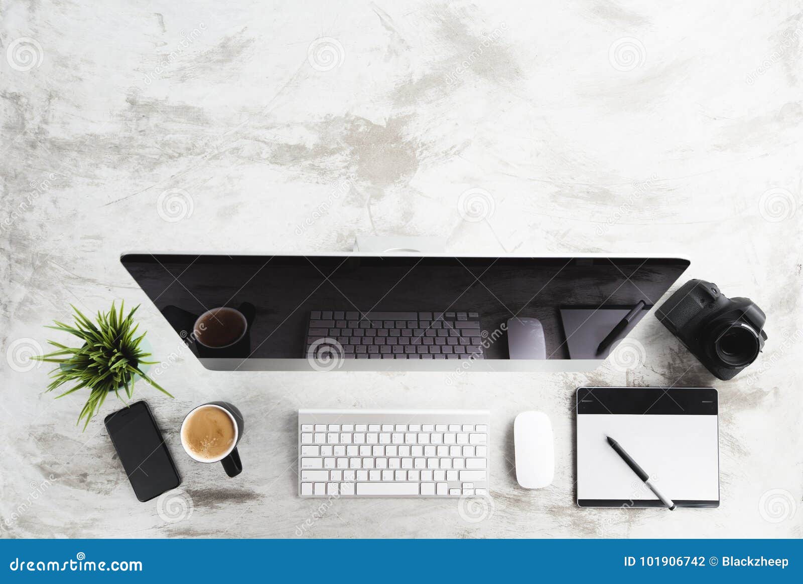 Top view of creative desk stock photo. Image of aerial - 101906742
