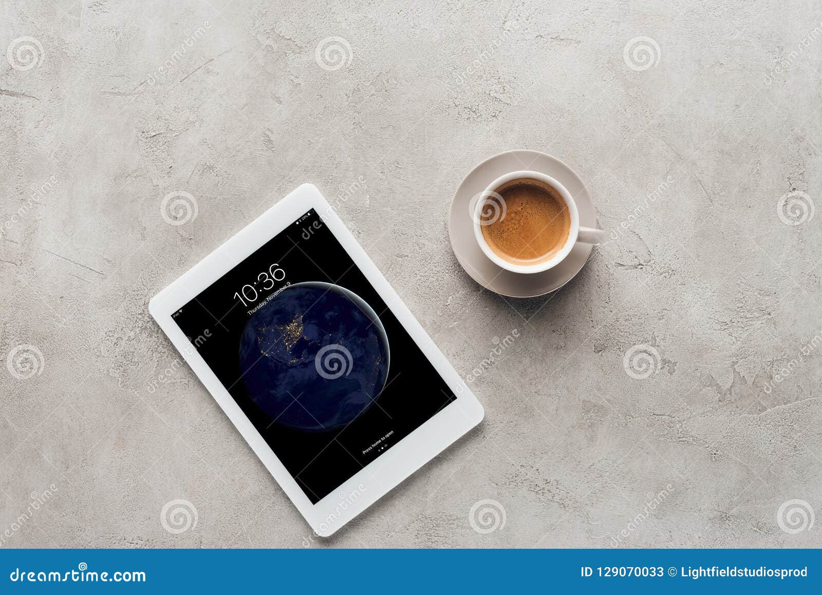 Top View of Cup of Coffee and Tablet with Ios Lockscreen Editorial ...