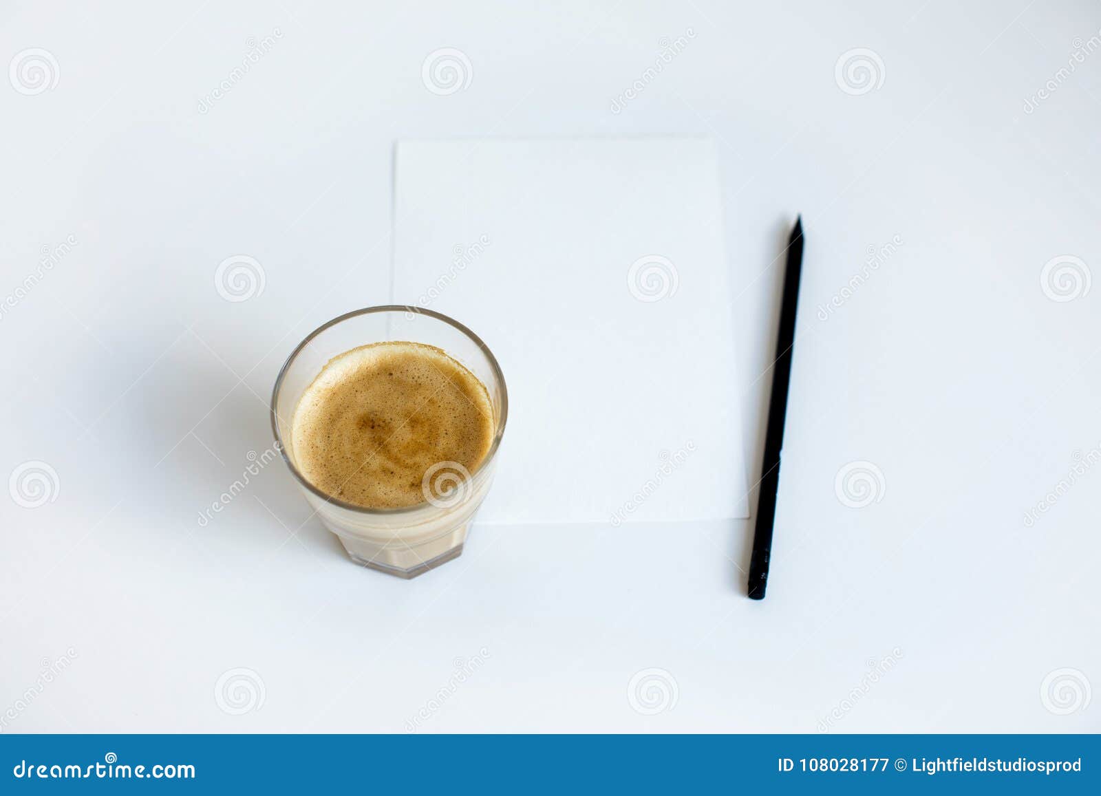 Top View of Cup of Coffee on White Paper with Pencil Stock Image ...