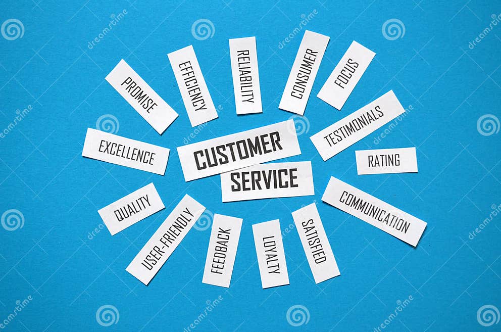 Top View of CUSTOMER SERVICE Paper Tag Cloud on Blue Background Stock ...