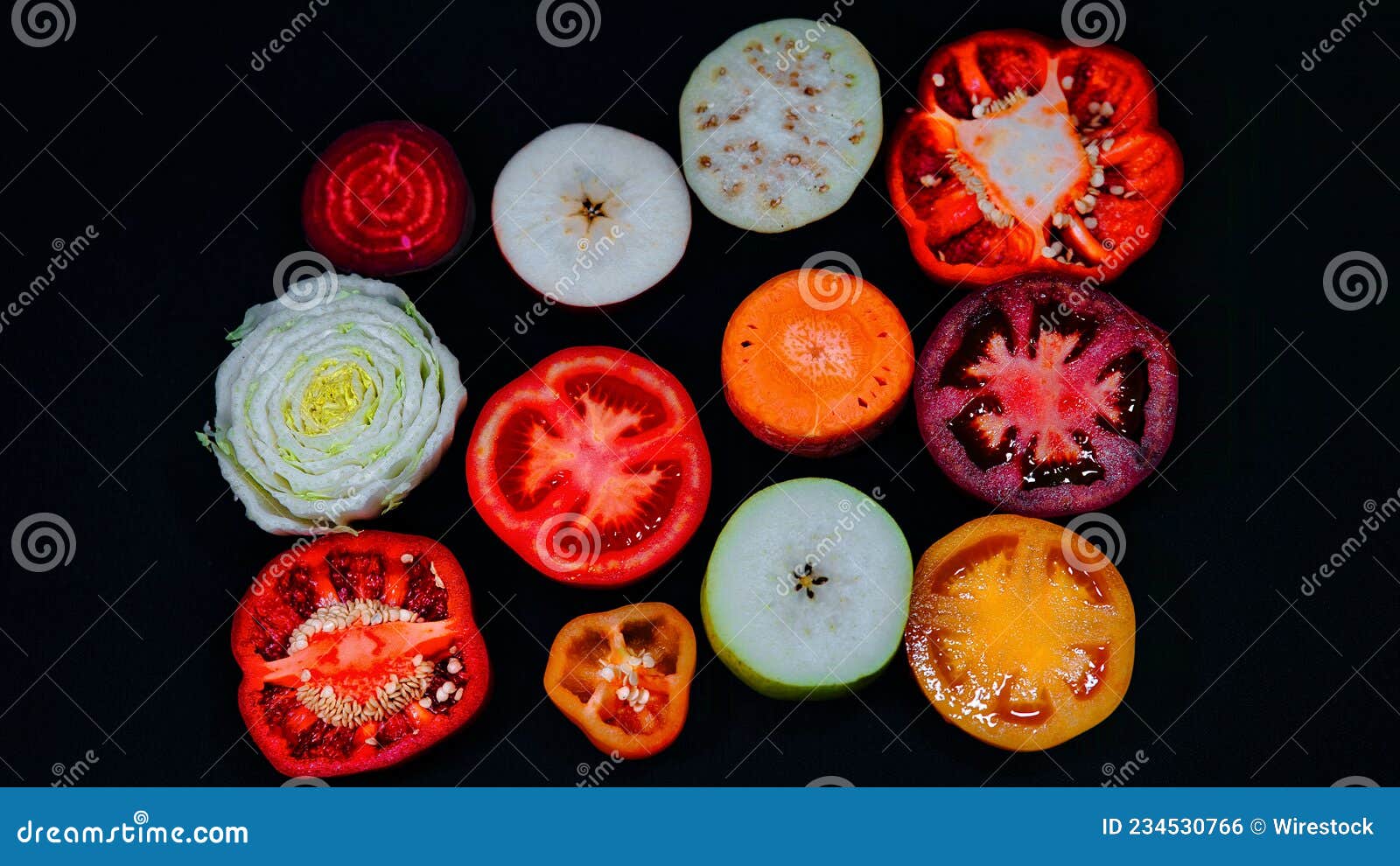 Top View of Cut in a Half Vegetables and Fruits Isolated a Black ...