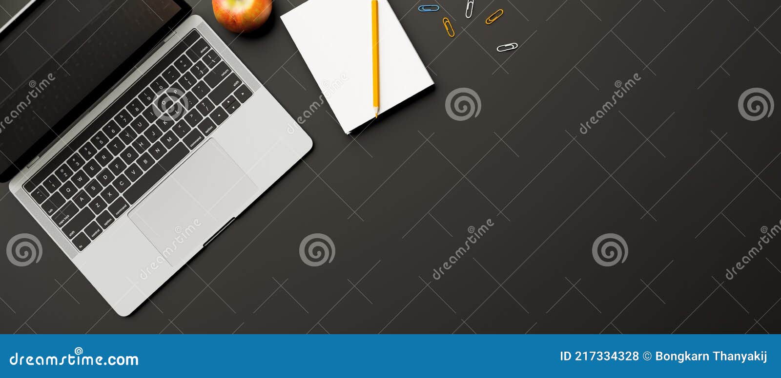 Top View, 3D Rendering, Dark Study Table with Laptop, Stationery, Apple ...