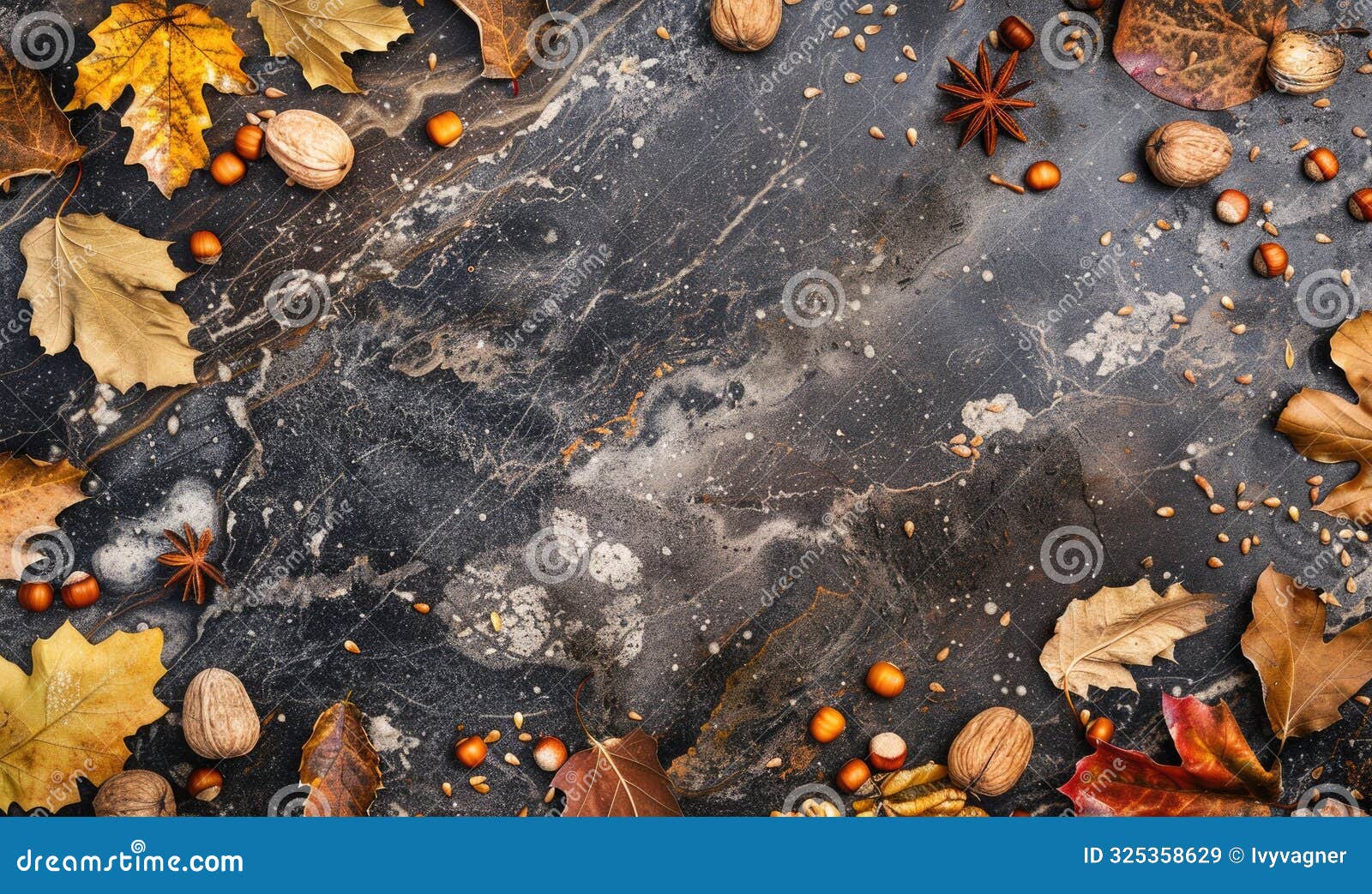Top View of a Dark Granite Countertop, Frame of Autumn Leaves and Nuts ...