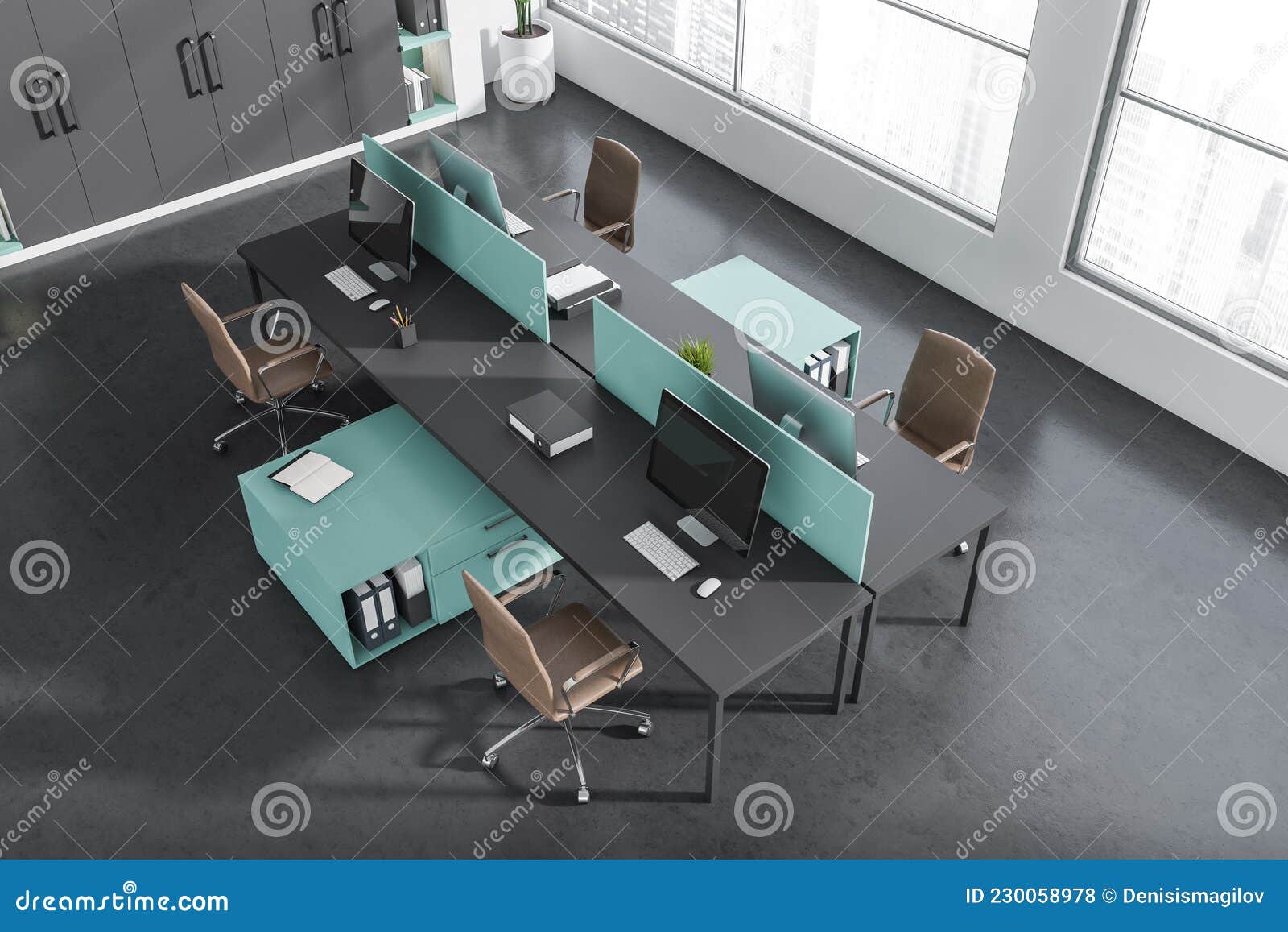 Top View on Dark Office Room Interior with Panoramic Window Stock ...