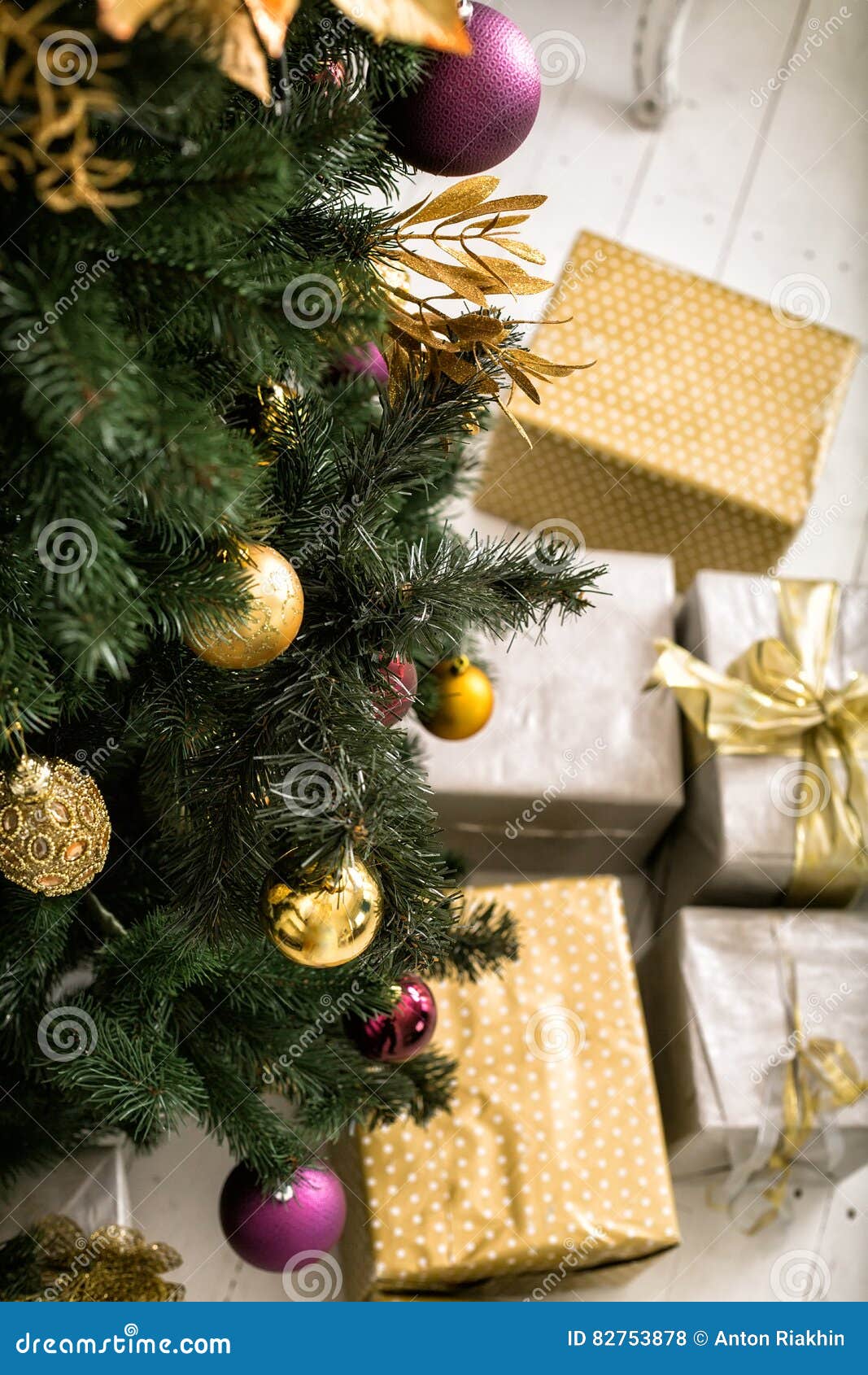 Top View of Decorated Christmas Tree with Stock Photo - Image of white ...