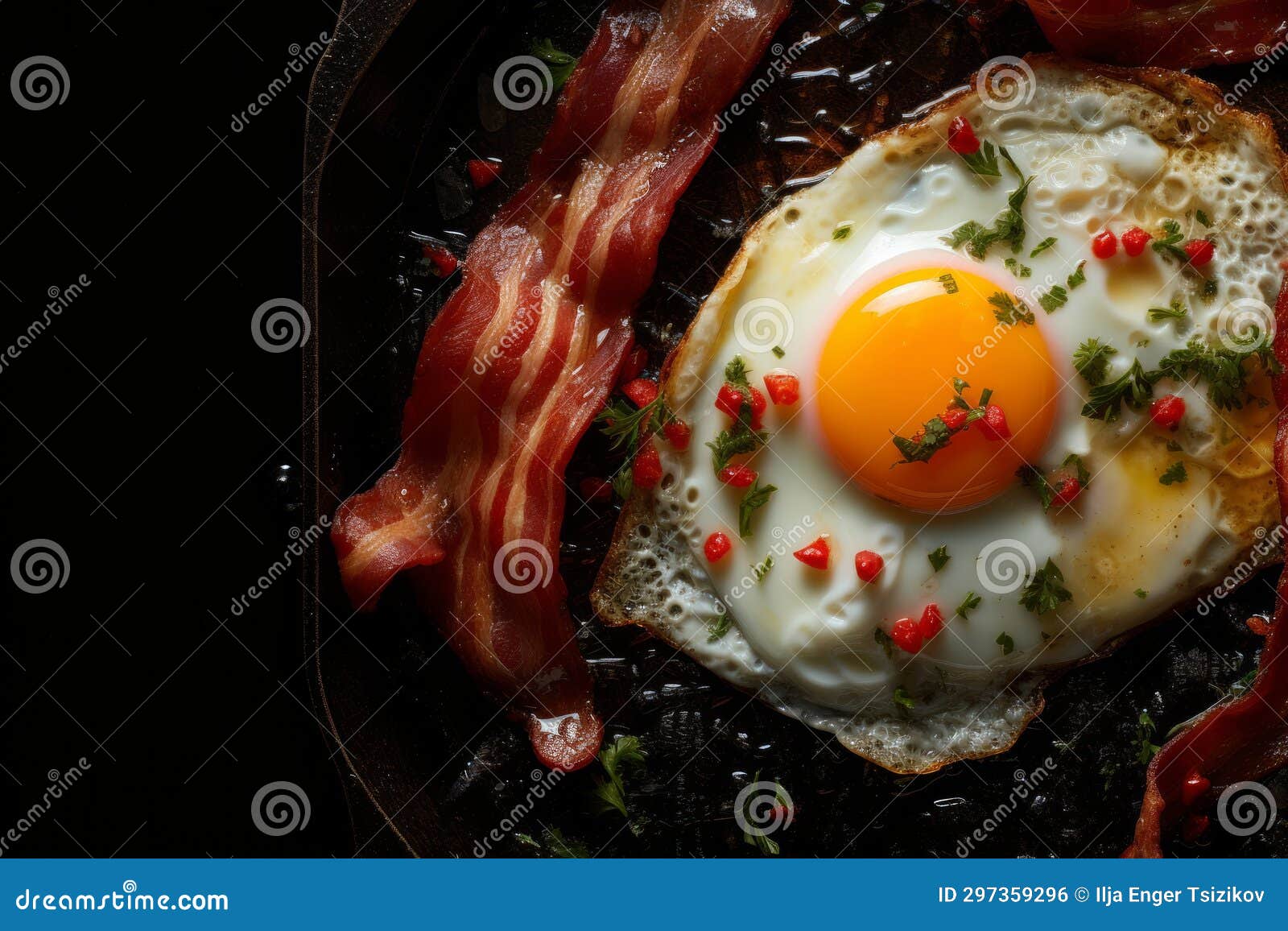 Top View of a Delectable Fried Egg with Savory Bacon Sizzling in a Hot ...