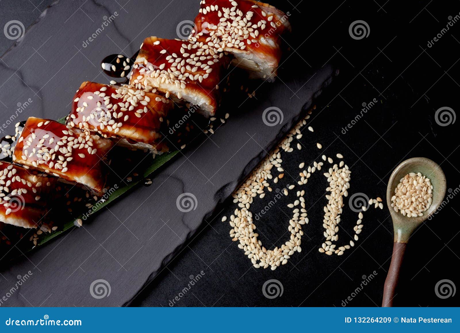 Top View of Delicious Canada Roll with a Spoon of Sesame. Stock Image ...