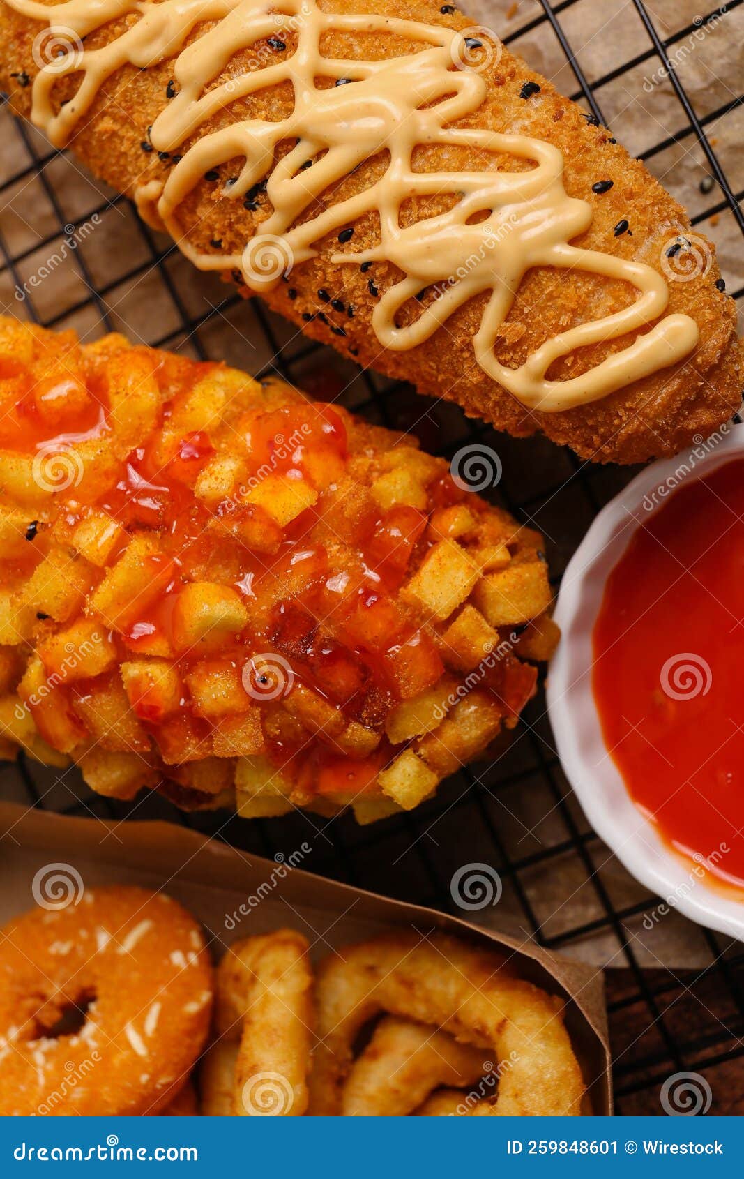 Top View of Delicious Corn Dogs and Donuts with Sauce Stock Image ...