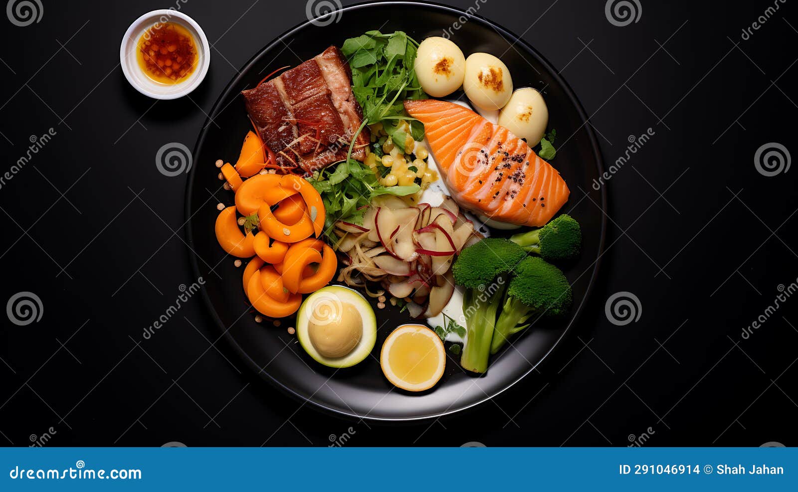 Top View Delicious Food Black Plate on a Black Background Stock ...