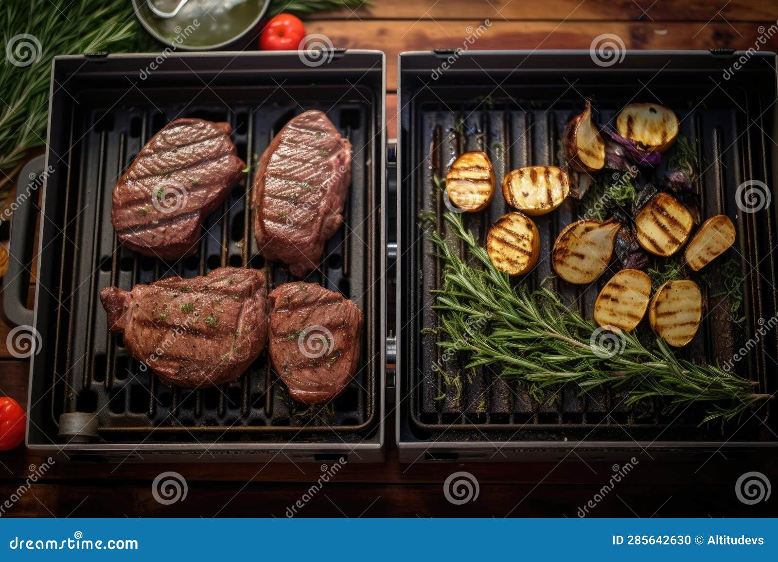 Top View of Delicious Steaks Being Grilled on a Smart Grill Stock Photo ...
