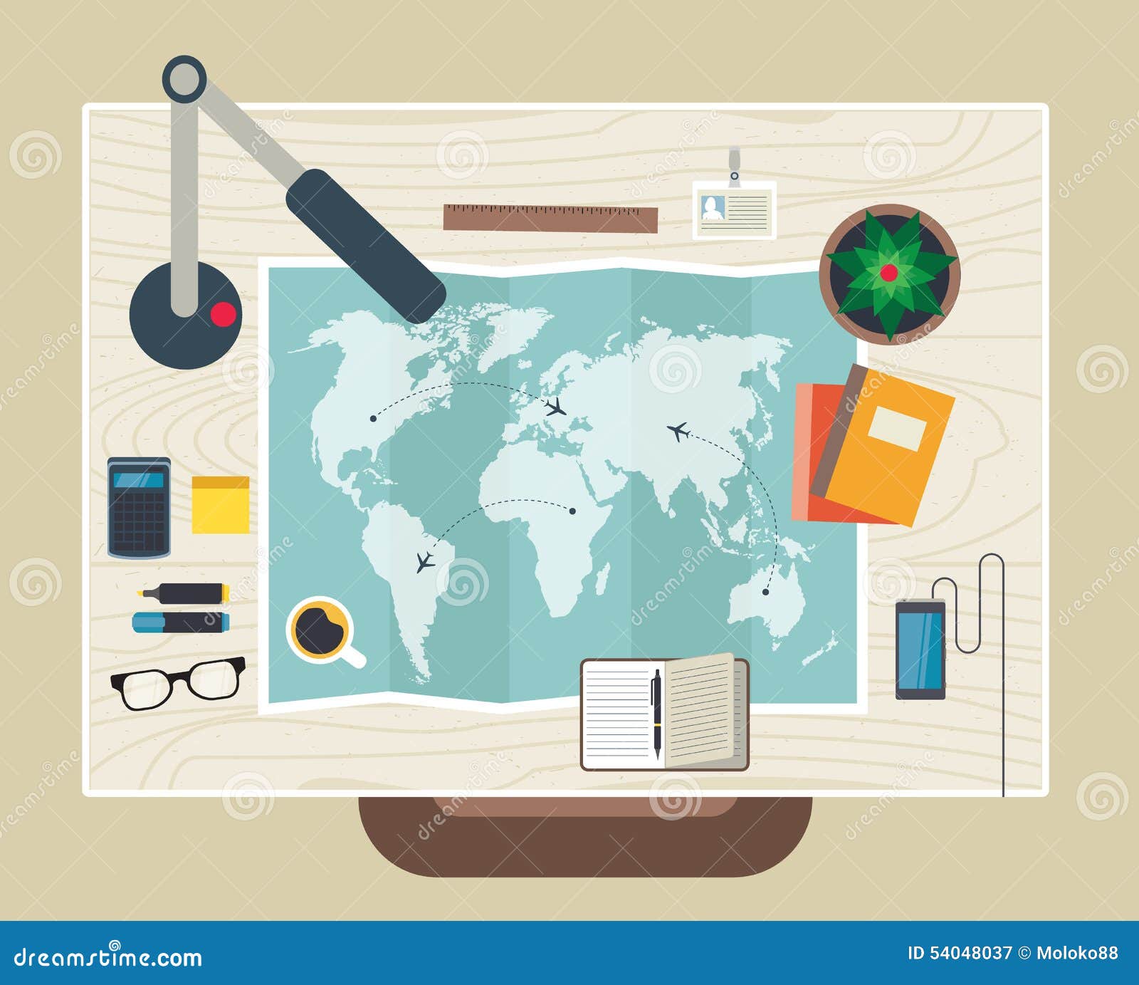 Top View of Desk Background with Map, Digital Stock Vector ...