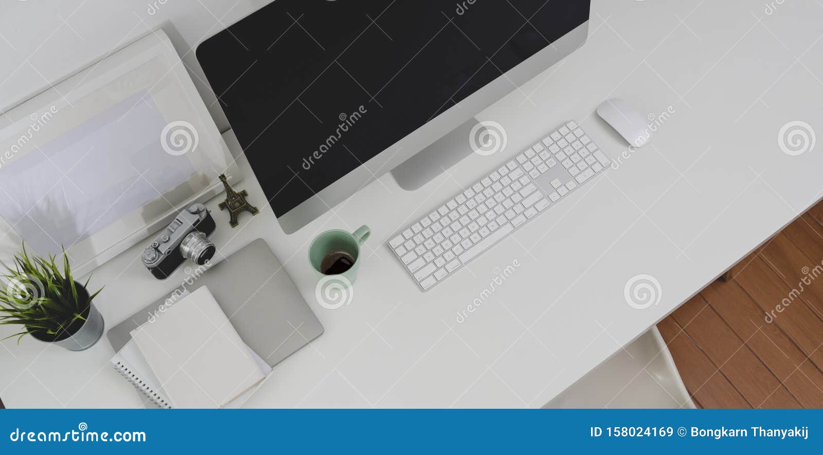 Top View of Desktop Computer and Office Supplies with Copy Space in ...