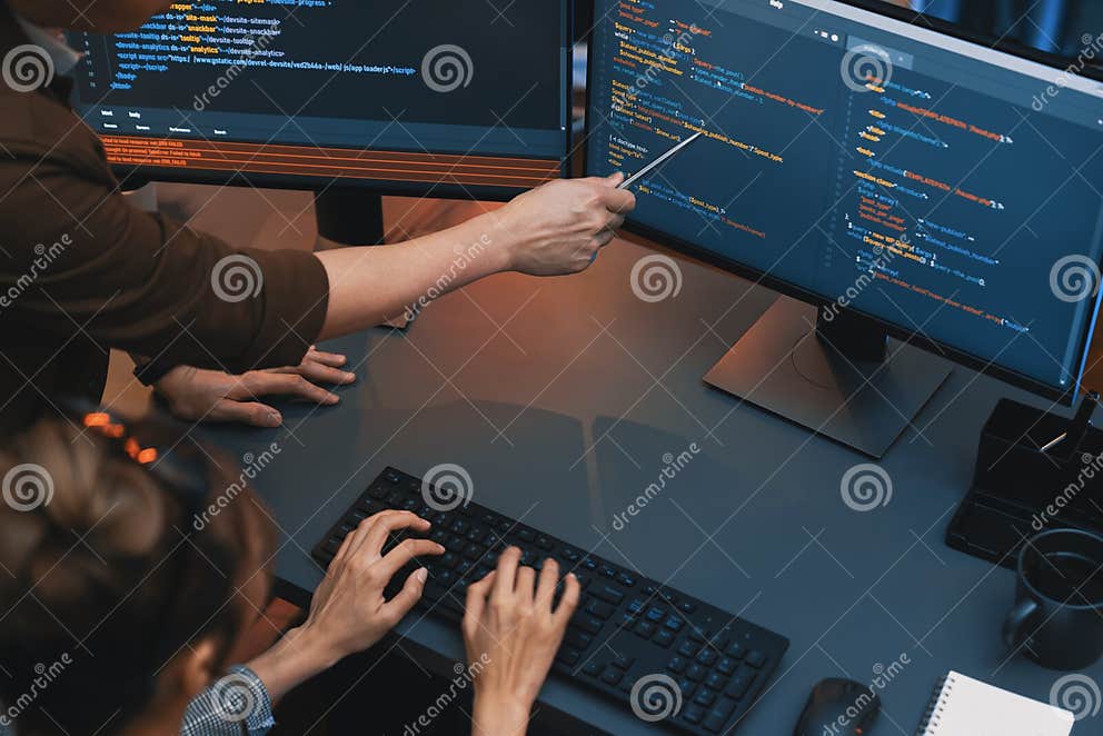 Top View it Developers Discussing with Point Website Coding System. Infobahn. Stock Image ...