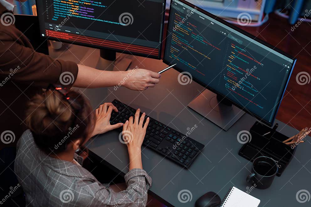 Top View it Developers Discussing with Point Website Coding System. Infobahn. Stock Image ...