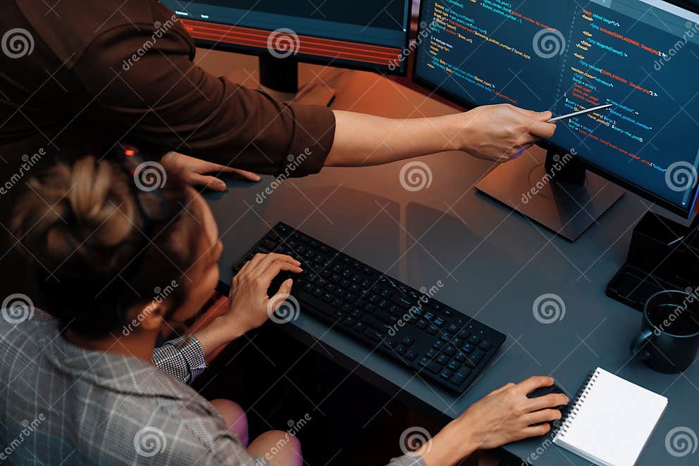 Top View it Developers Discussing with Point Website Coding System. Infobahn. Stock Photo ...
