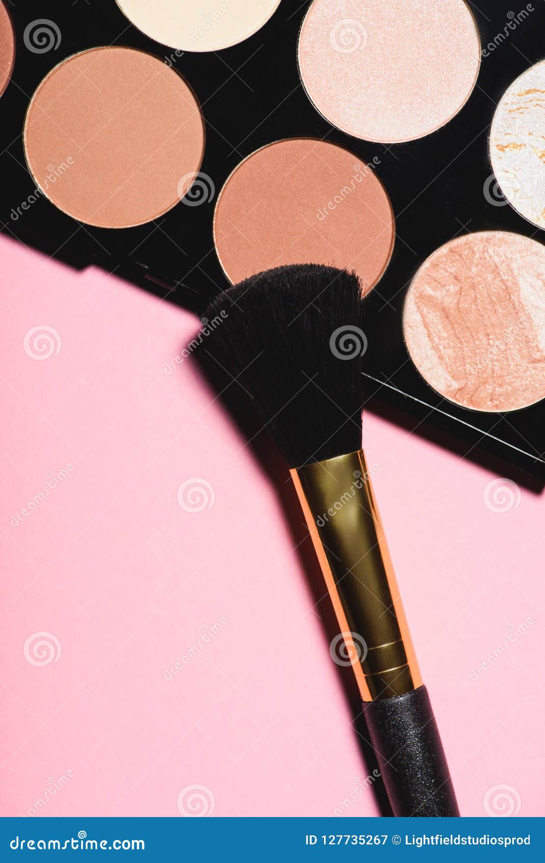 Top View of Different Blushes Palette with Brush on Pink Surface Stock ...