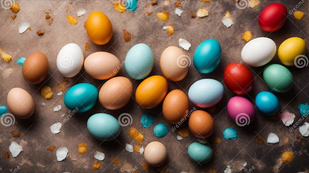 Top View of Different Colored Eggs and Scattered Eggshell on Abstract ...