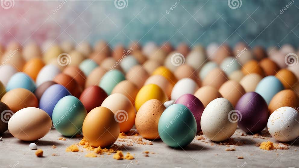 Top View of Different Colored Eggs and Scattered Eggshell on Abstract ...