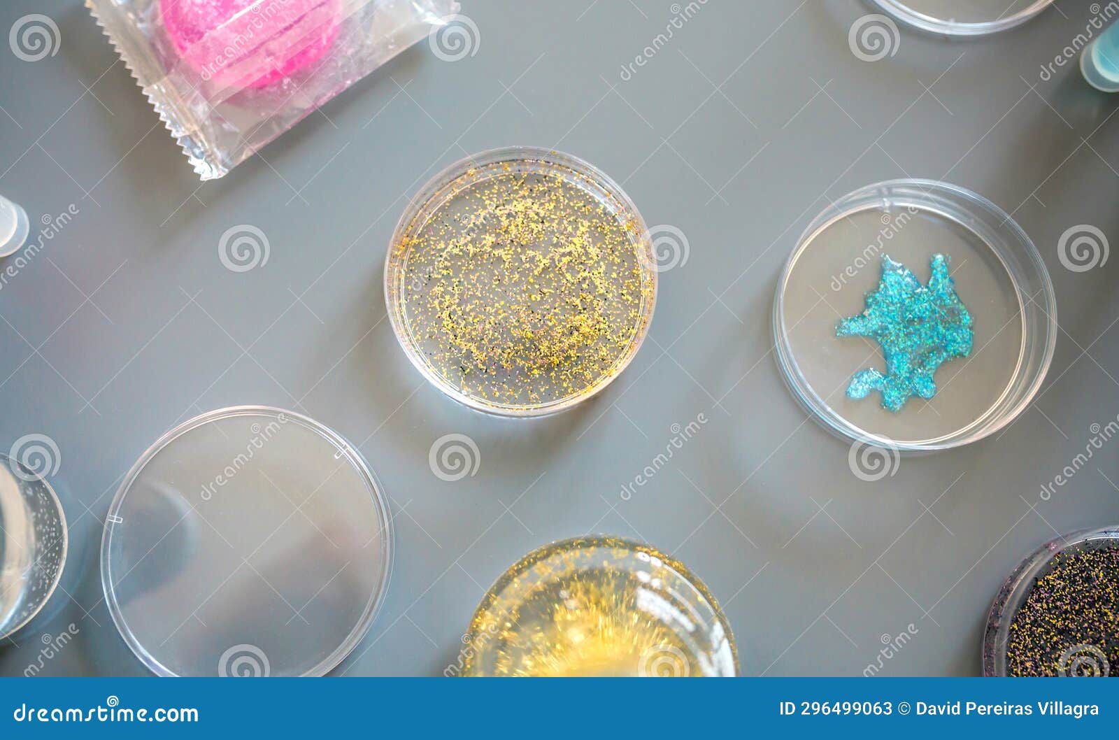 Top View of Different Glitter Samples in Petri Dishes Over a Lab Table ...
