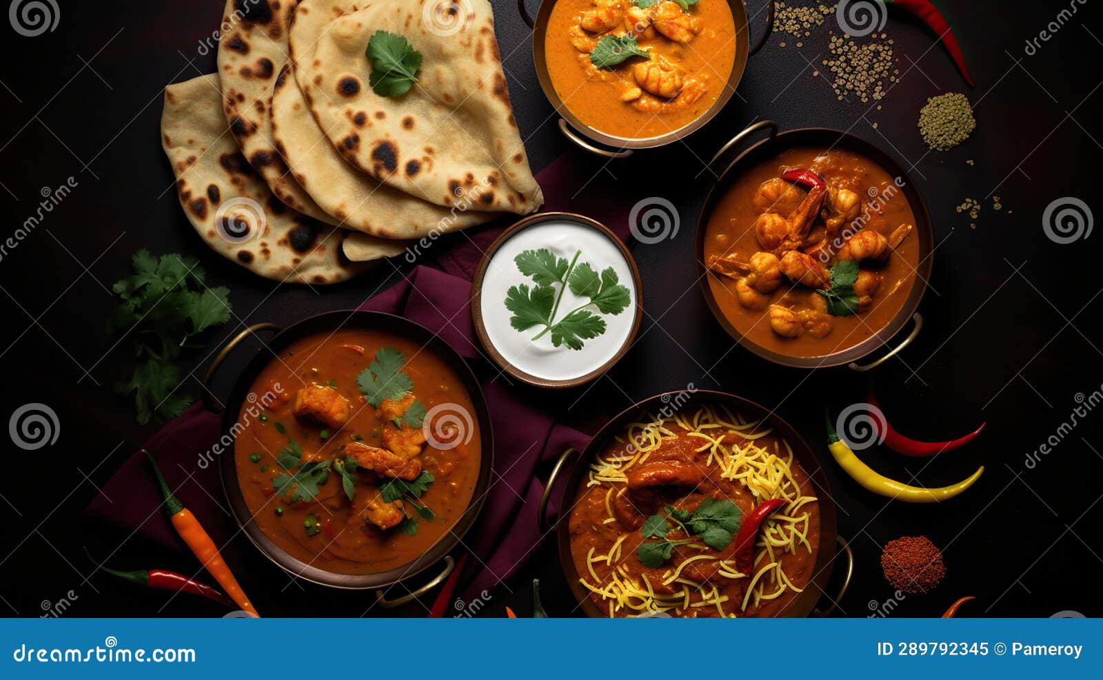 Top View, Different Indian Curries with Naan, Fully Black Background ...