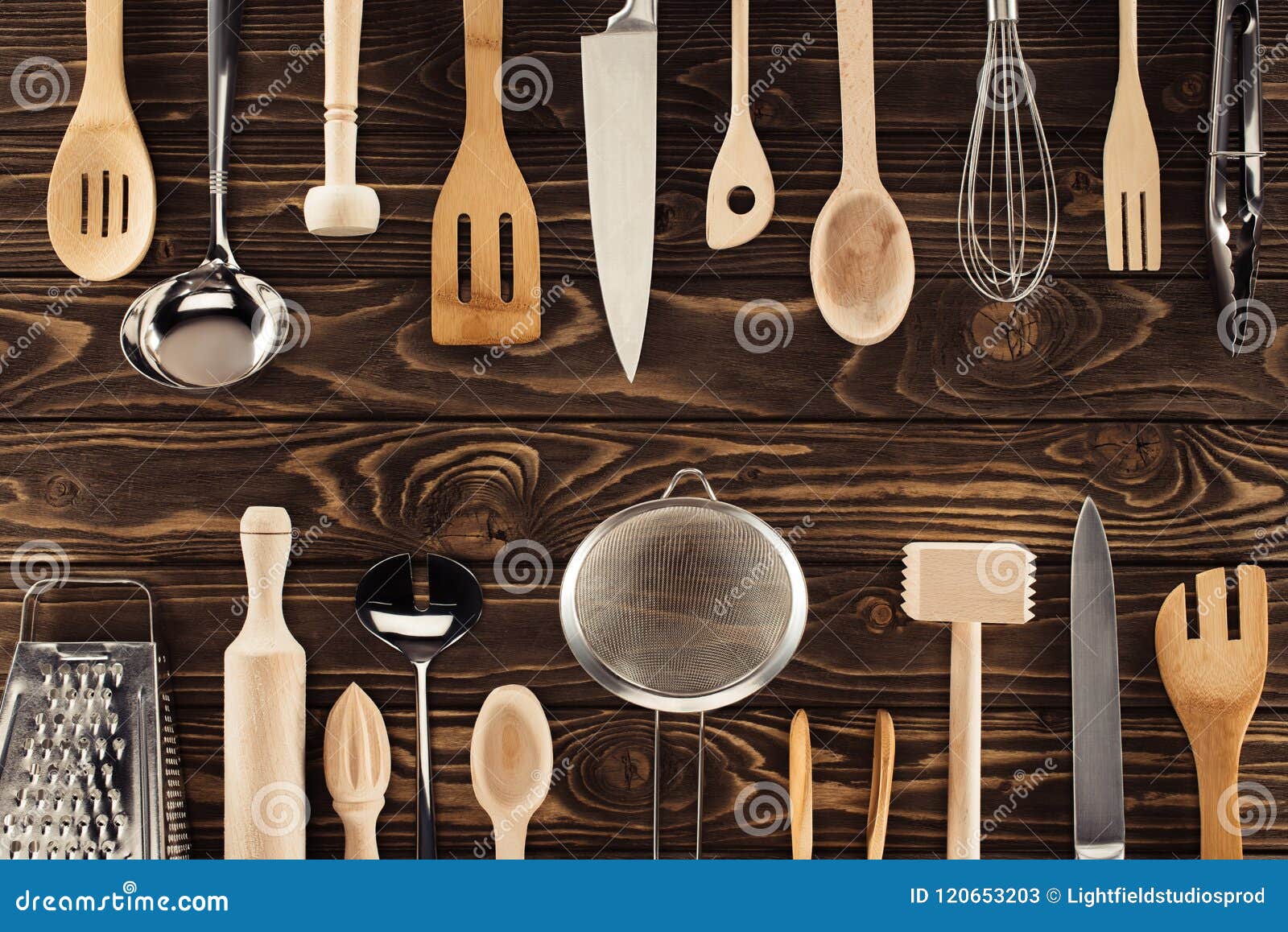 Top View of Different Kitchen Utensils Placed in Two Rows Stock Image ...
