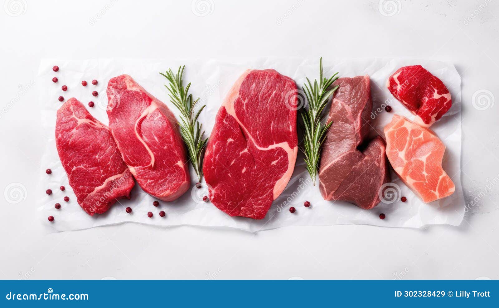 Top View of Different Raw Meats and Fish on White Background, Stock ...