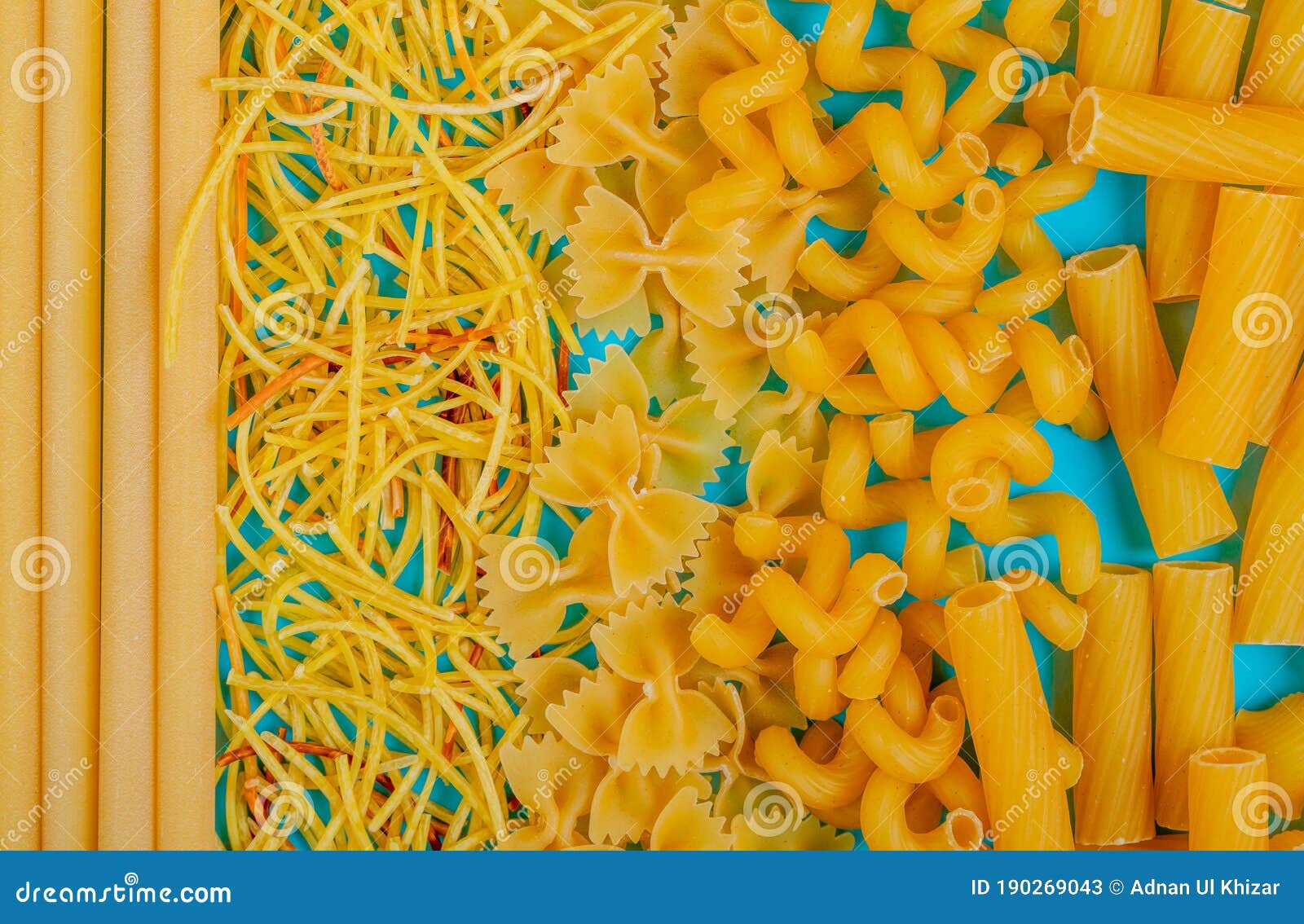 Top View of Different Types of Macaroni on Blue Background Stock Image ...