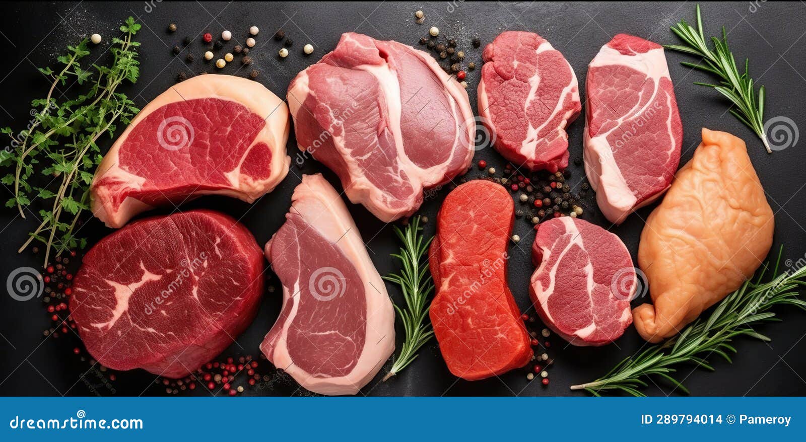 Top View. Different Types of Raw Meat - Beef, Pork, Lamb, Chicken on ...