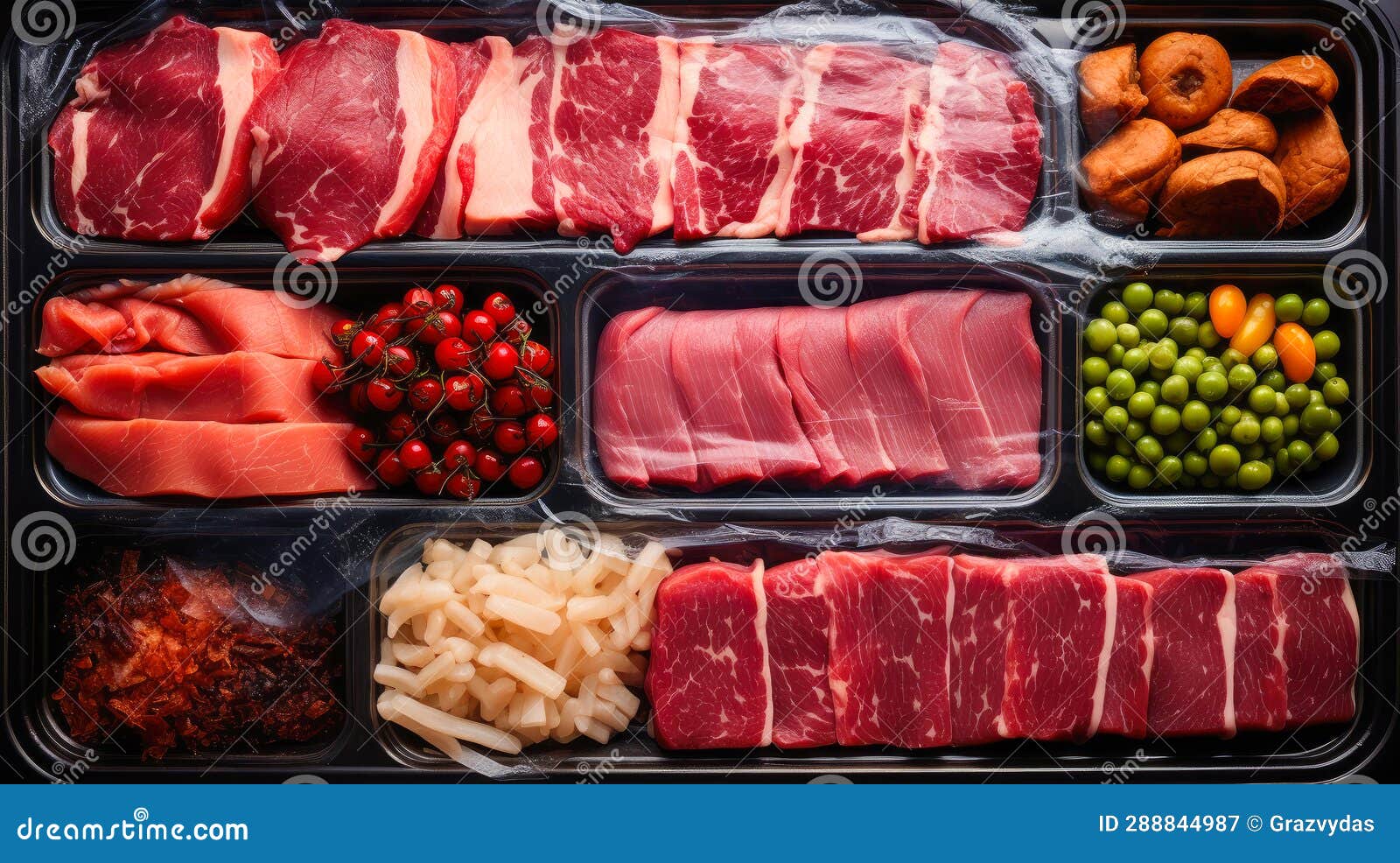 Top View of Different Types of Raw Meat and Salad in a Plastic ...