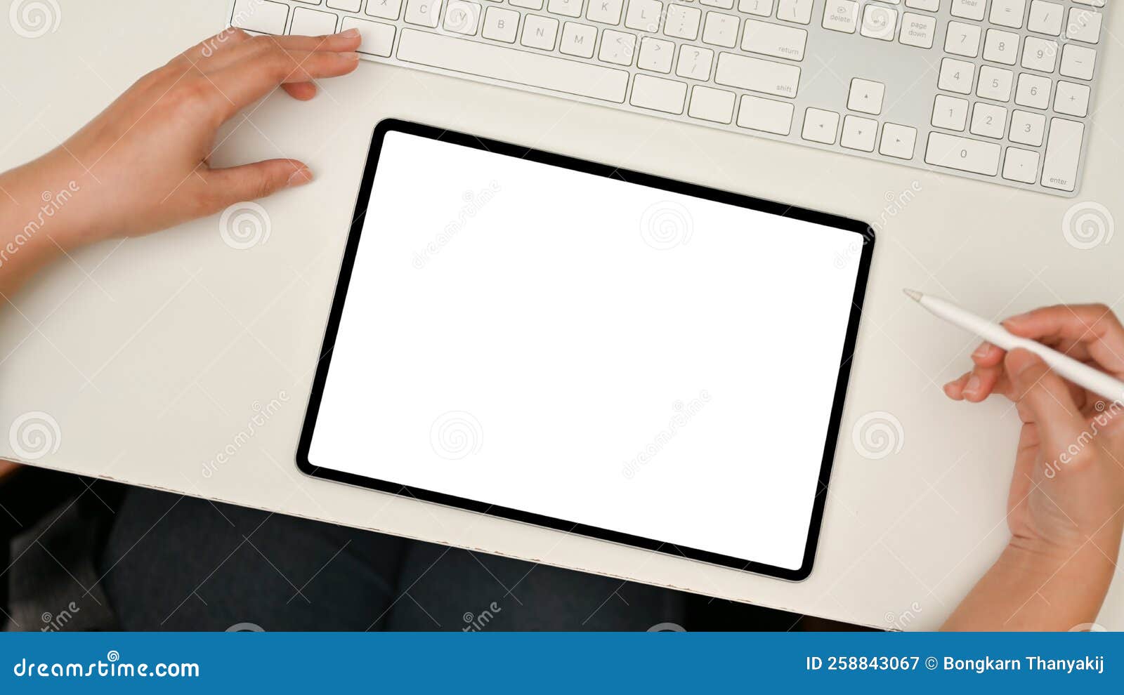 Top View, Tablet Mockup on Modern White Office Desk. a Female Using ...