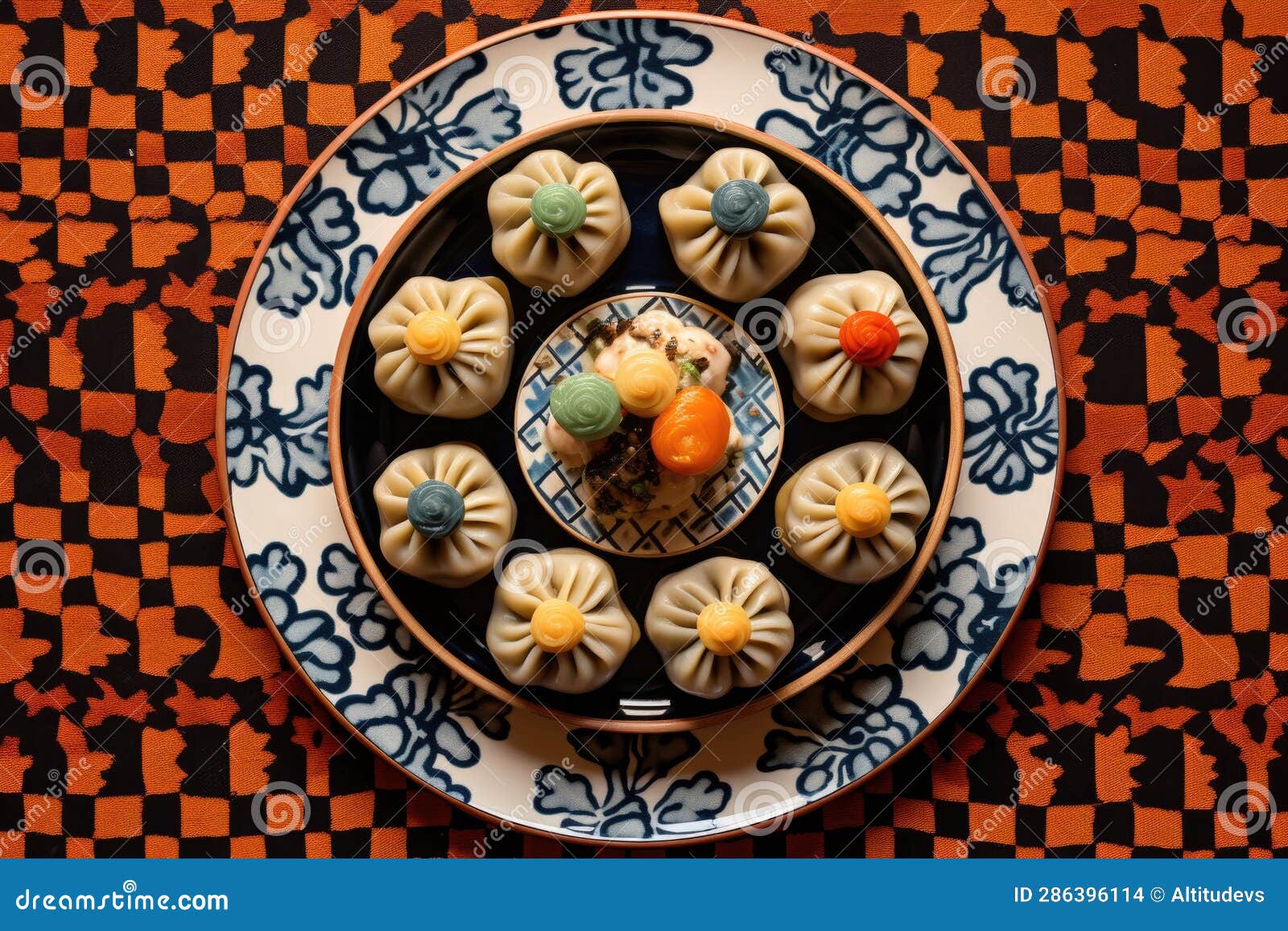 Top View of Dim Sum on a Patterned Serving Plate Stock Photo - Image of ...