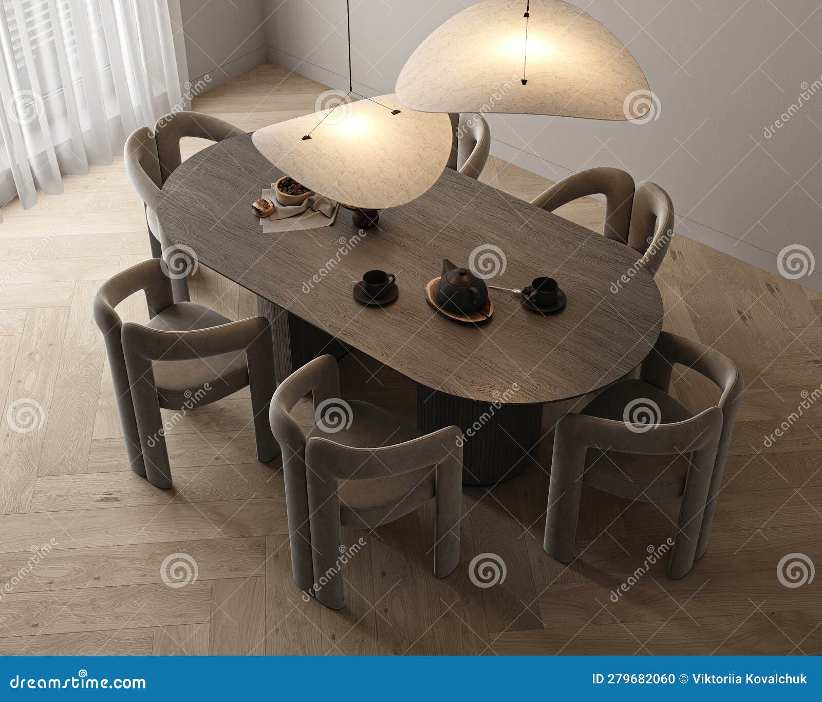 Top View Diningroom Interior Design with Gray Empty Wall, Large Table ...