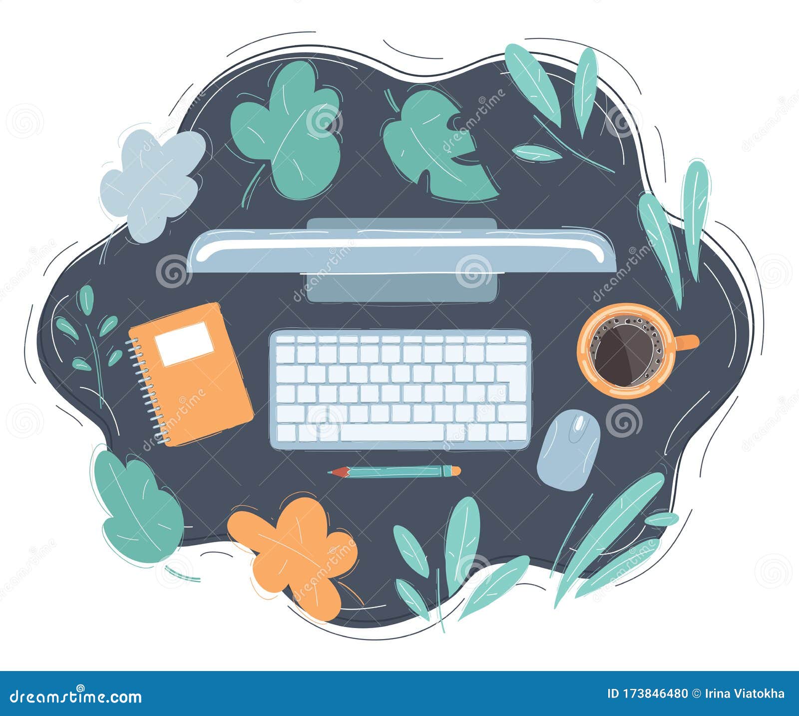 Top View. Display, Keyboard, Mouse, Cup of Coffee, Notepad Stock Vector ...
