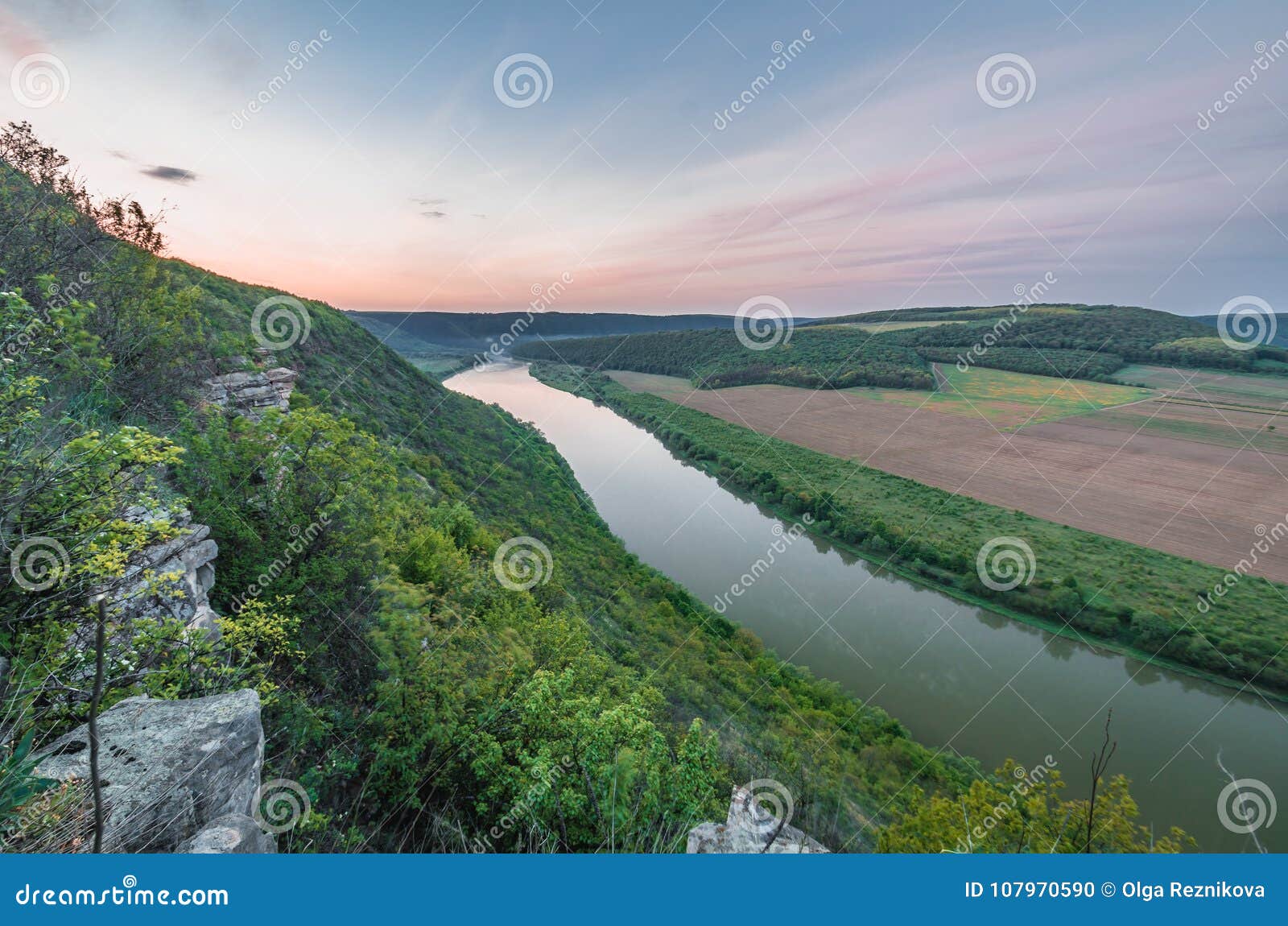 Top View of Dnestr River at Sunrise. River is Covered with Mist and ...