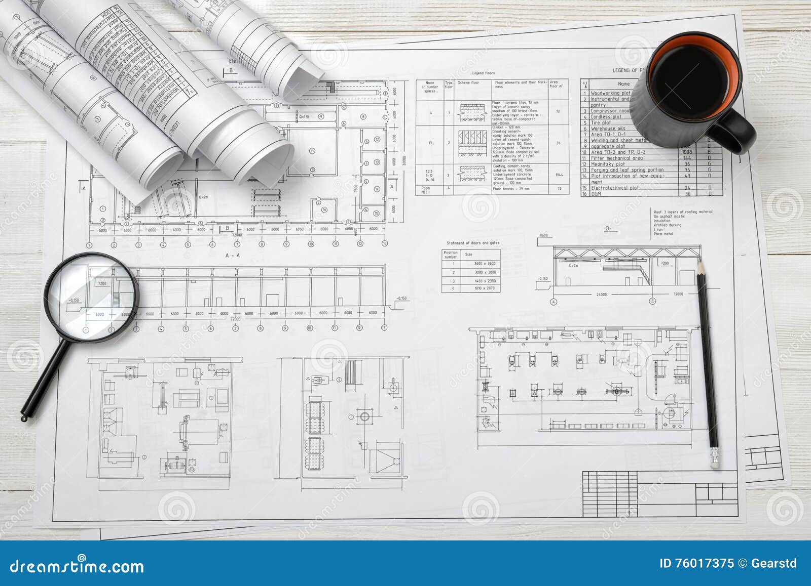 Top View of Draftsman S Workplace with Plan, Magnifier, Pencil, Mug ...