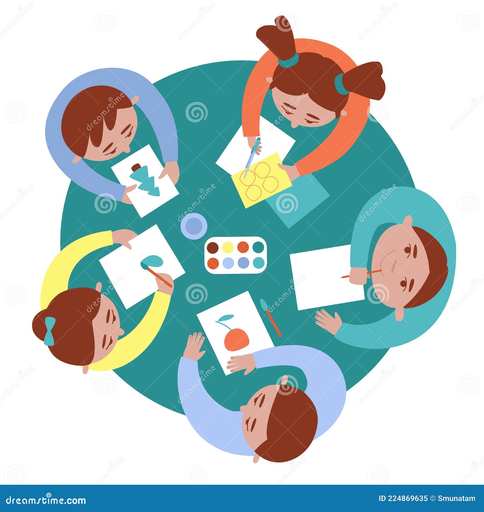 Top View of Drawing Children at the Table Stock Vector - Illustration ...