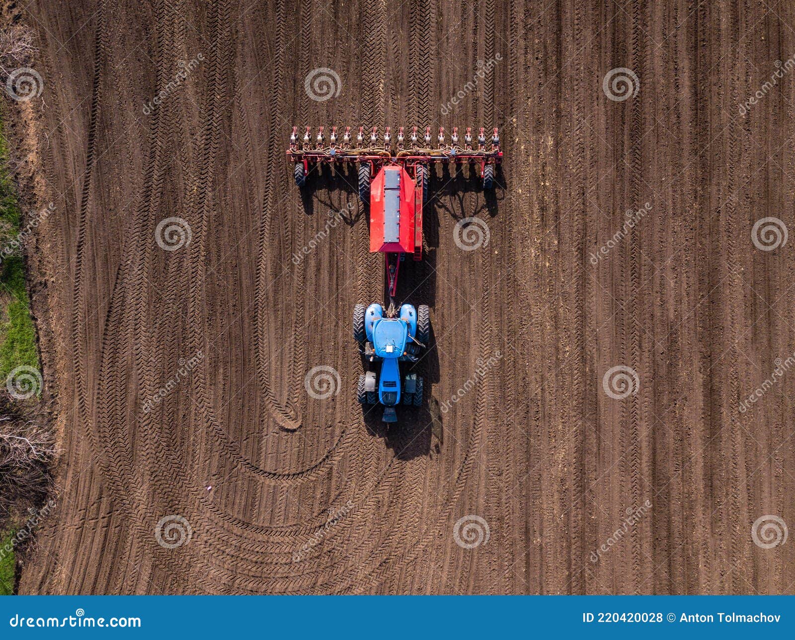 Top View from Drone of Big Tractor with Cultivator Ploughs Field Stock ...