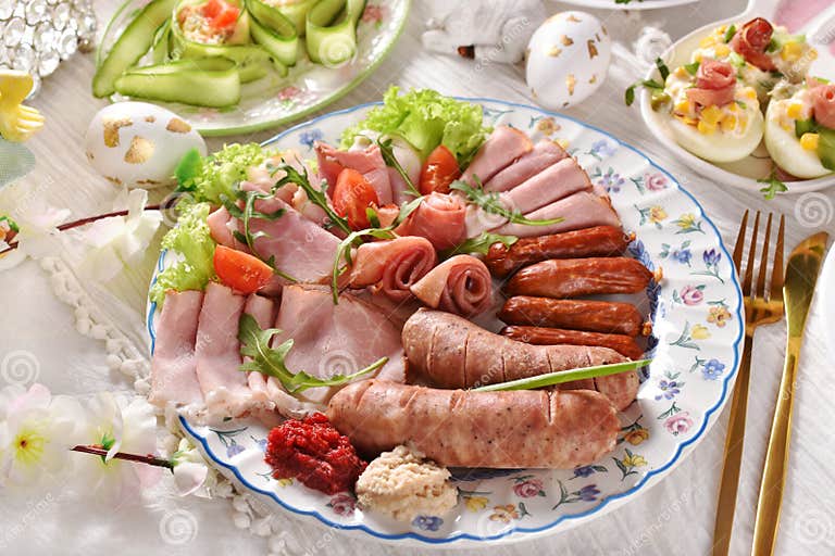 Top View of Easter Breakfast with a Plate of Cold Cuts and White ...