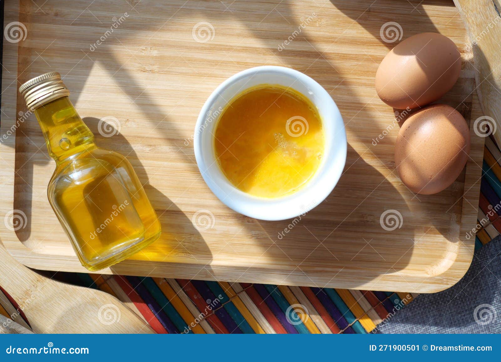 Top View of Egg and Oil Jar on Table Stock Image - Image of freckles ...