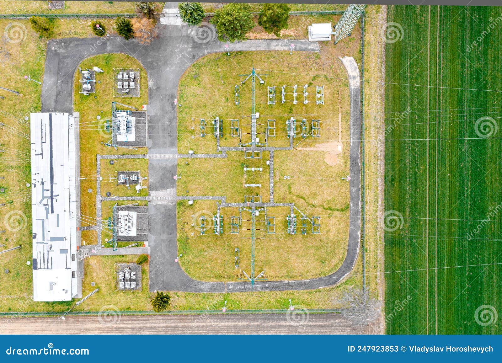 Top View of Electrical Substation among Fields, Aerial View of High ...