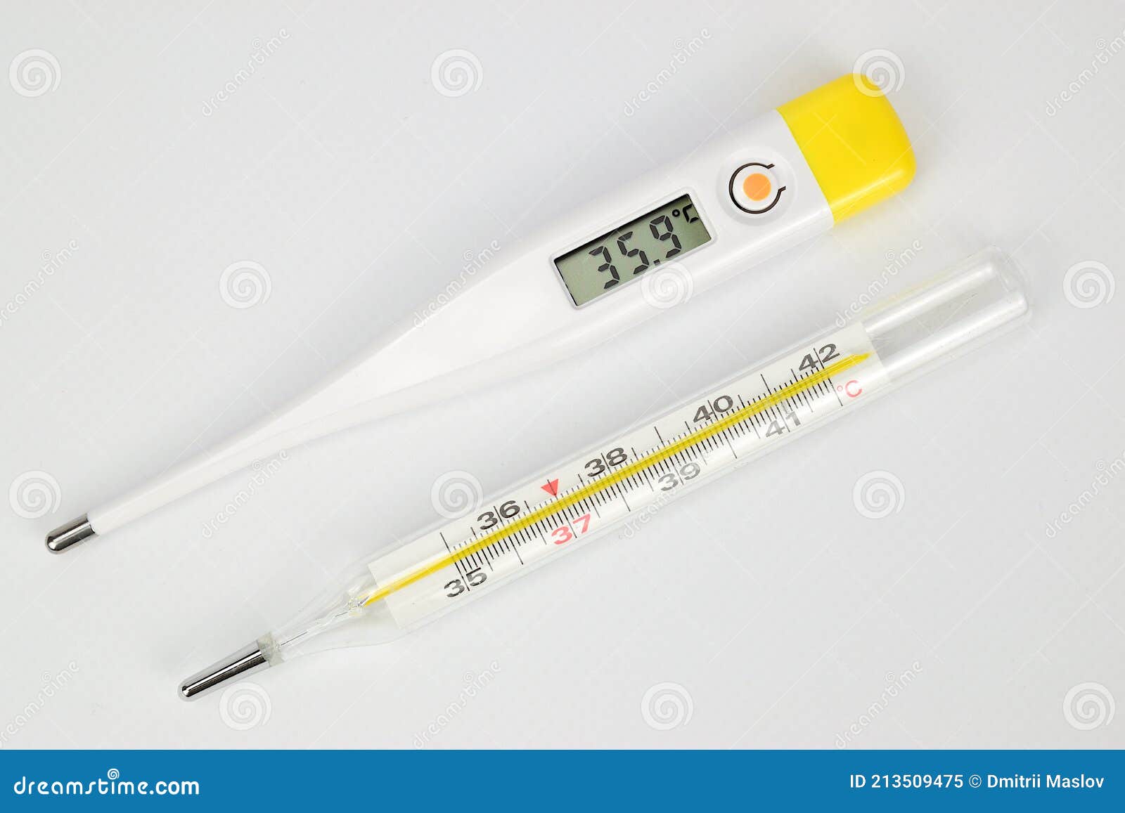 Top View of Electronic and Mercury Thermometers Lying Side by Side on a ...