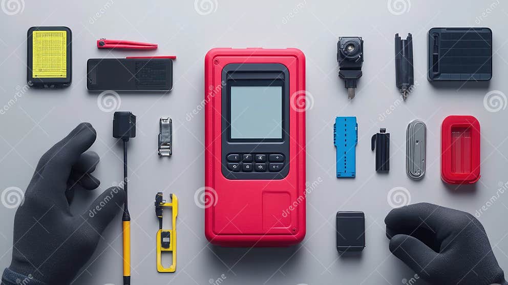Top View of Electronic Tools and Devices with Red Device Centered Stock ...