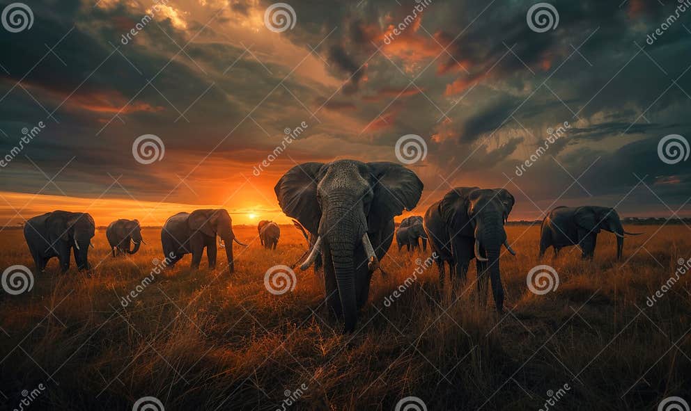 Top View of an Elephant Herd at Sunset Stock Image - Image of african ...