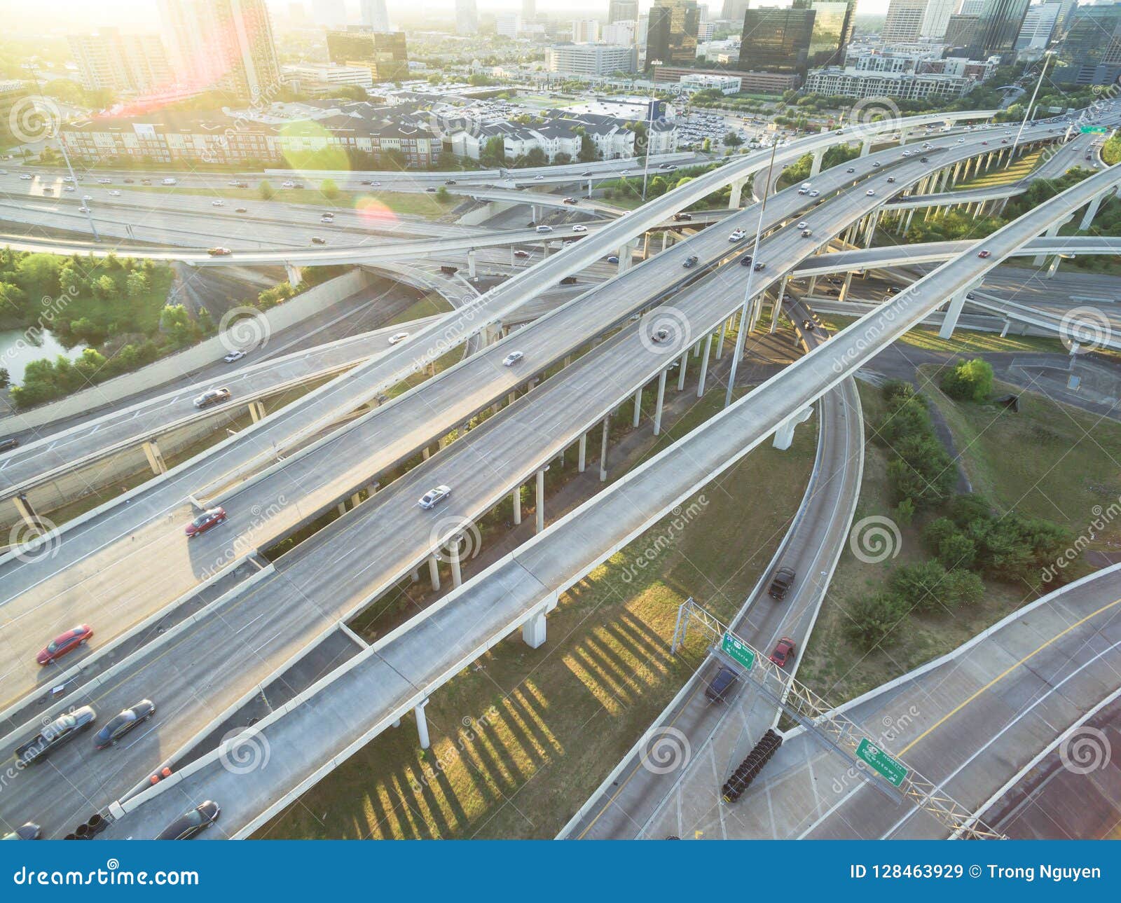 Top View Elevated Highway Stack Interchange and Houston Skylines Stock ...