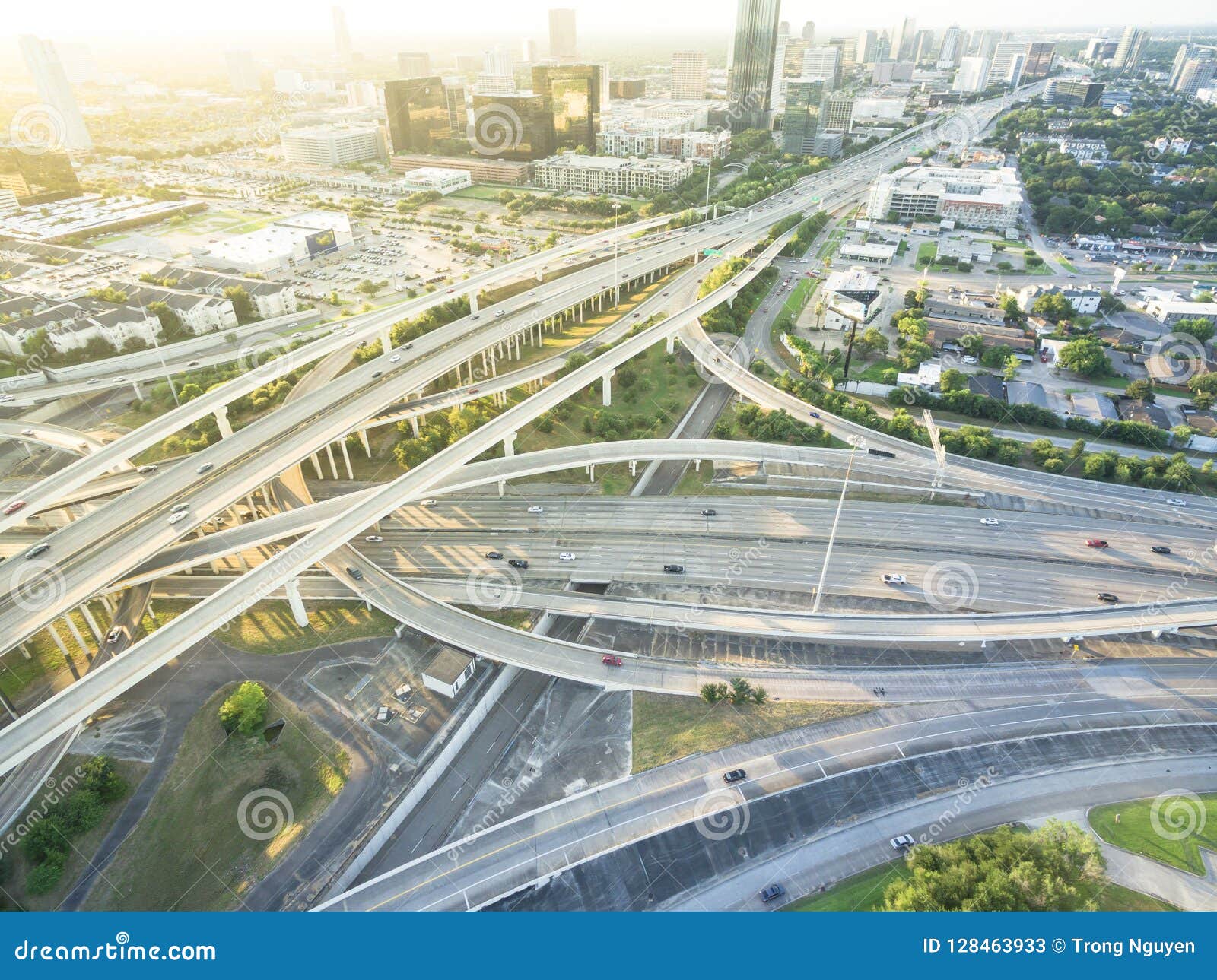Top View Elevated Highway Stack Interchange and Houston Skylines Stock ...